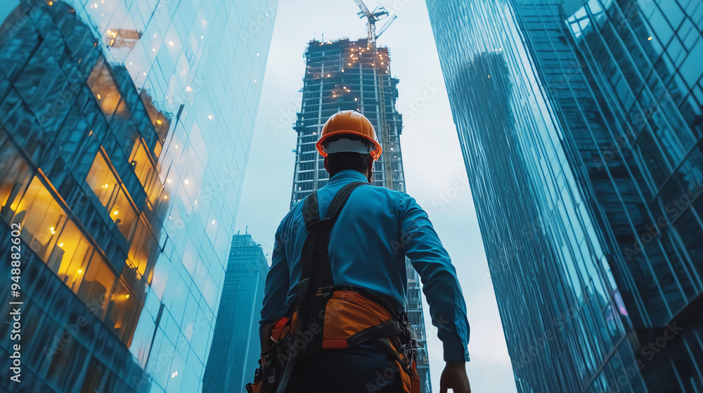 Structural engineer analyzing steel framework of a skyscraper, ensuring ...