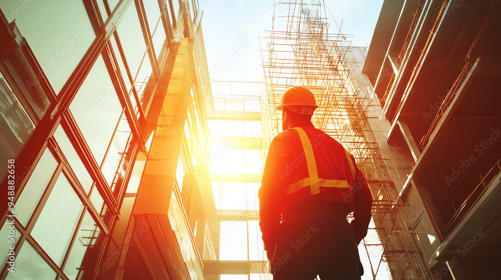 Structural engineer analyzing steel framework of a skyscraper, ensuring ...