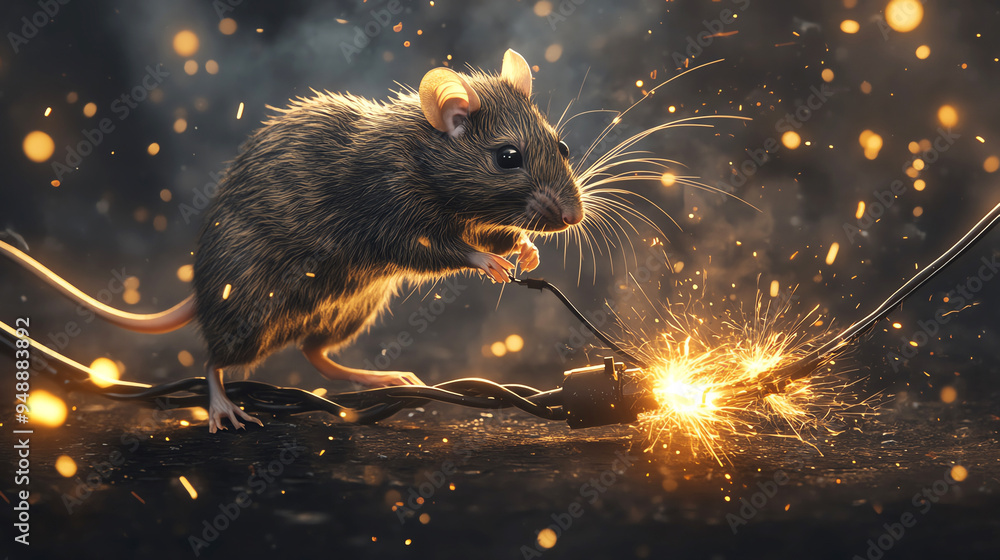 Artistic depiction of a rat caught in the act of chewing on electrical ...