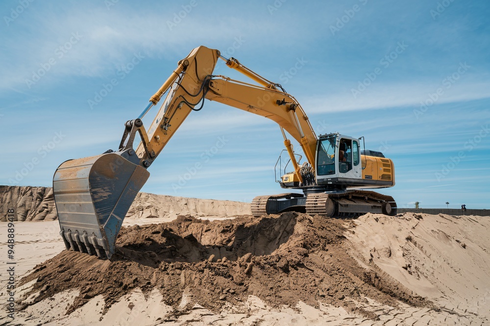 Excavator Powerhouse: A rugged excavator poised amidst a sandy ...