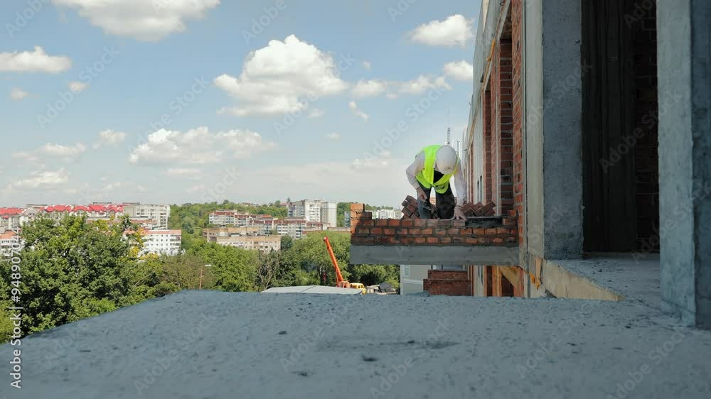 Construction worker placing bricks on an outdoor ledge. A construction ...