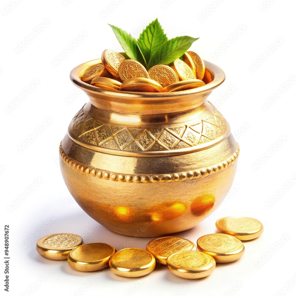 Gold pot kalash filled with coins symbolizing prosperity for Indian ...