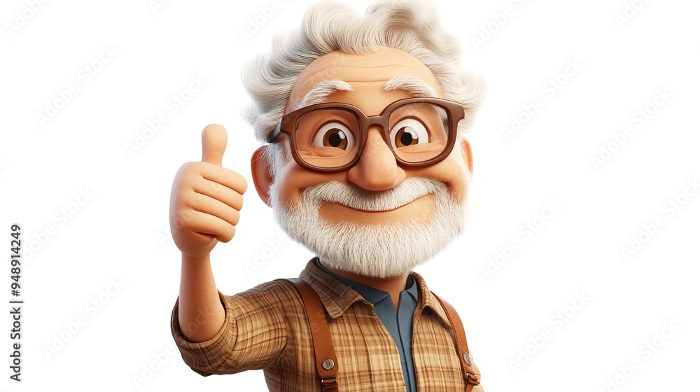 3D cartoon of a happy old man with glasses and white hair, wearing ...
