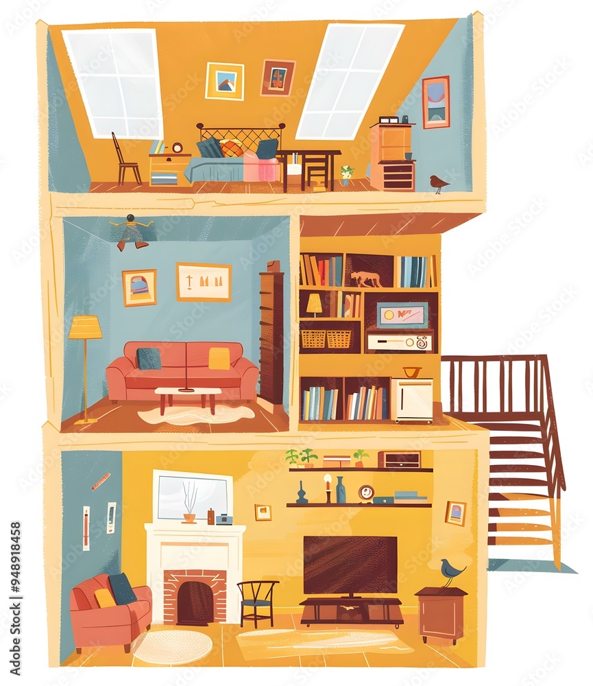 Cartoon Illustration of a Three Story House Interior Design Stock ...