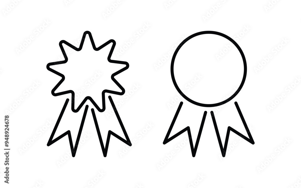 Badge with ribbons icon set., Paper award with black outline ribbon ...