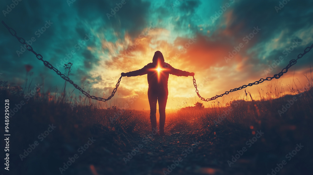 Salvation concept, man breaking from chains of sins, emerging into a ...