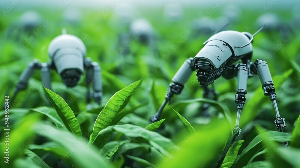 Nanobots optimizing the conversion of biomass into biofuel, symbolizing ...
