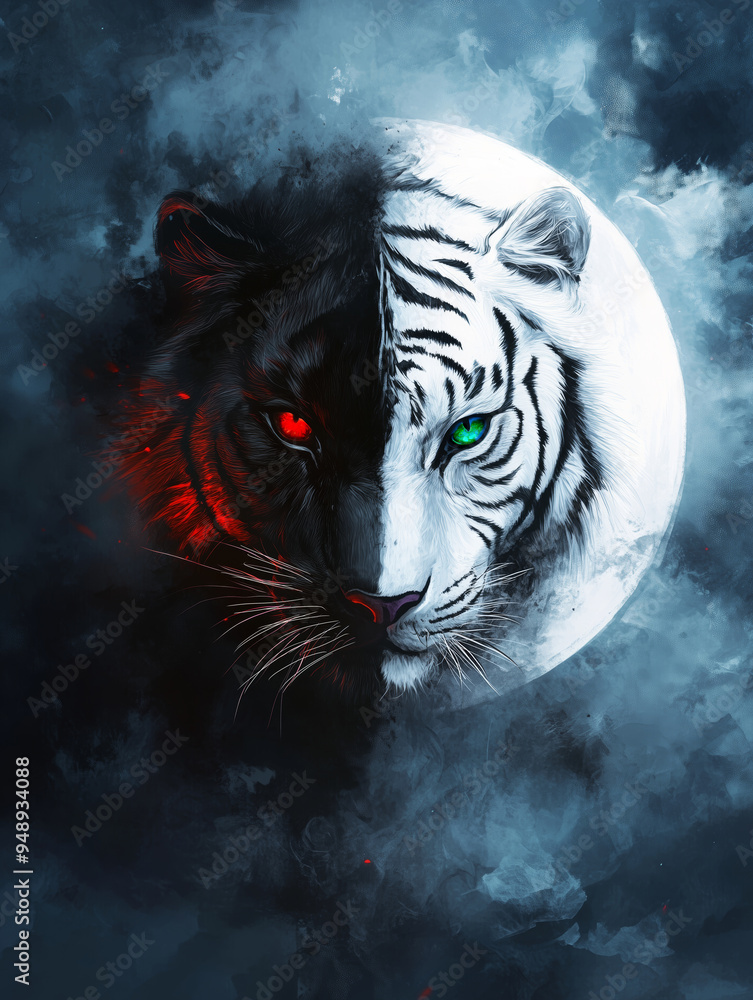 Black Tiger and white Tiger Ying Yang Moon epic art romanticism style ...