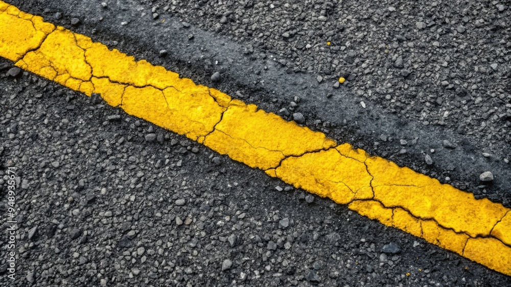 A broken yellow dashed line stretches diagonally across a rough, gray ...