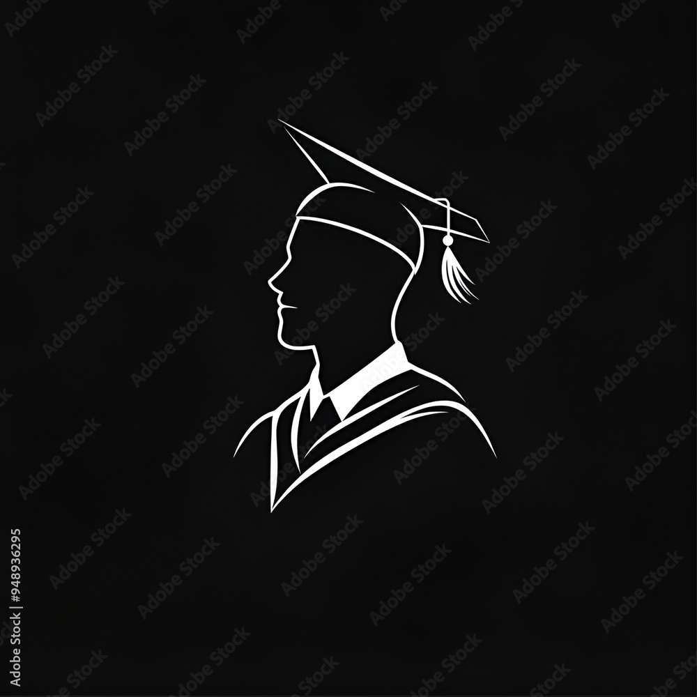 Side View Silhouette of a Male Graduate in Cap and Gown, Black and ...
