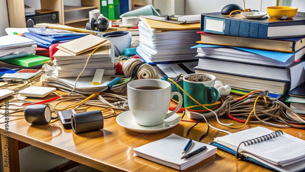 A cluttered desk with papers, folders, and office supplies, surrounded ...