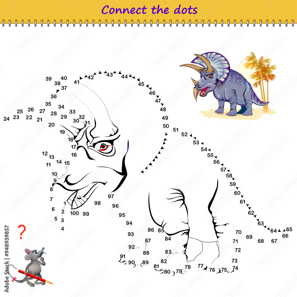 Connect the dots from 1 to 100 and draw the triceratops. Trace the line ...
