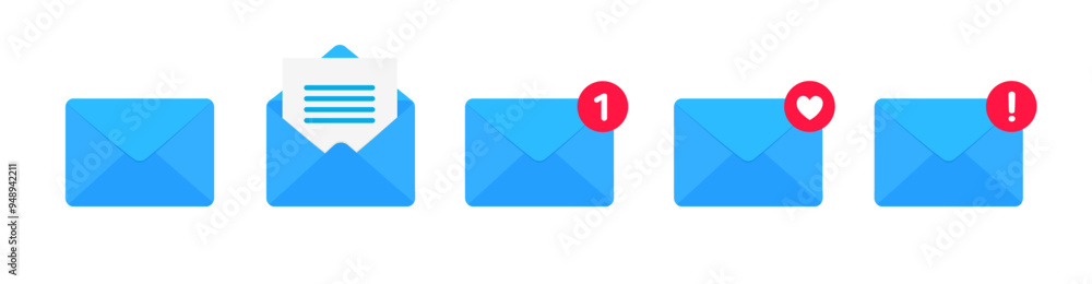Blue mail envelope icon set with new message marker. Email letter ...