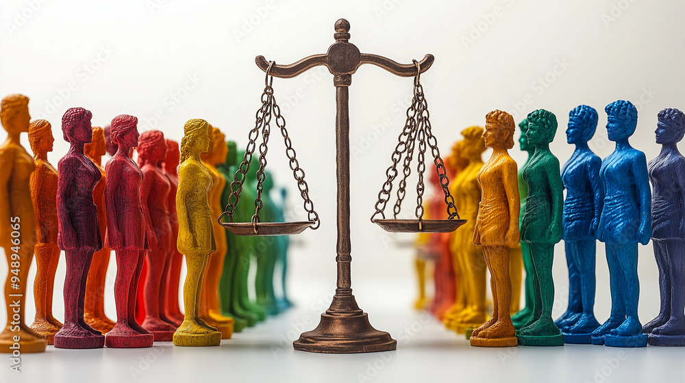 Equality before the Law: Scales of justice balanced, with diverse ...