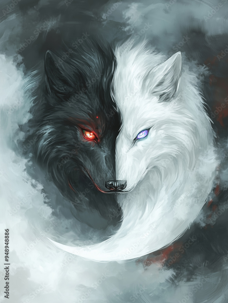 Black Wolf and white Wolf Ying Yang Moon epic art romanticism style ...