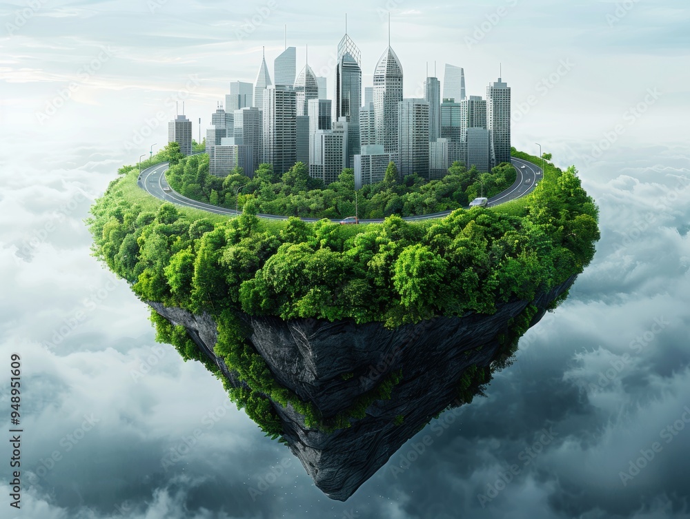 Floating green island with a modern city skyline above clouds in a ...