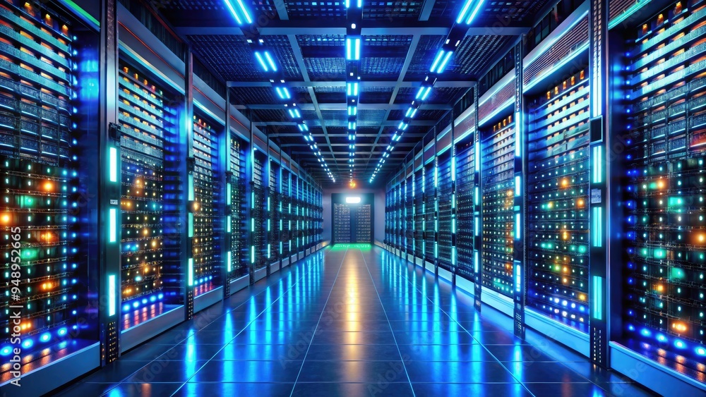 A futuristic digital warehouse filled with rows of servers, blinking lights, and spinning disks ...