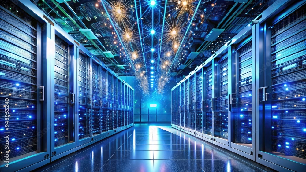 A futuristic network server room with rows of humming machines ...