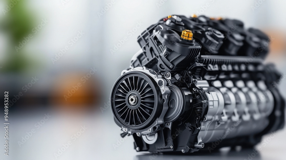 High-performance car engine with metallic details showcased in a bright ...