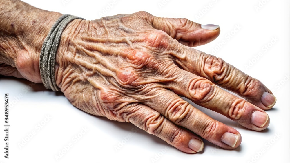 Aged, wrinkled, and veined elderly hand isolated on white background ...