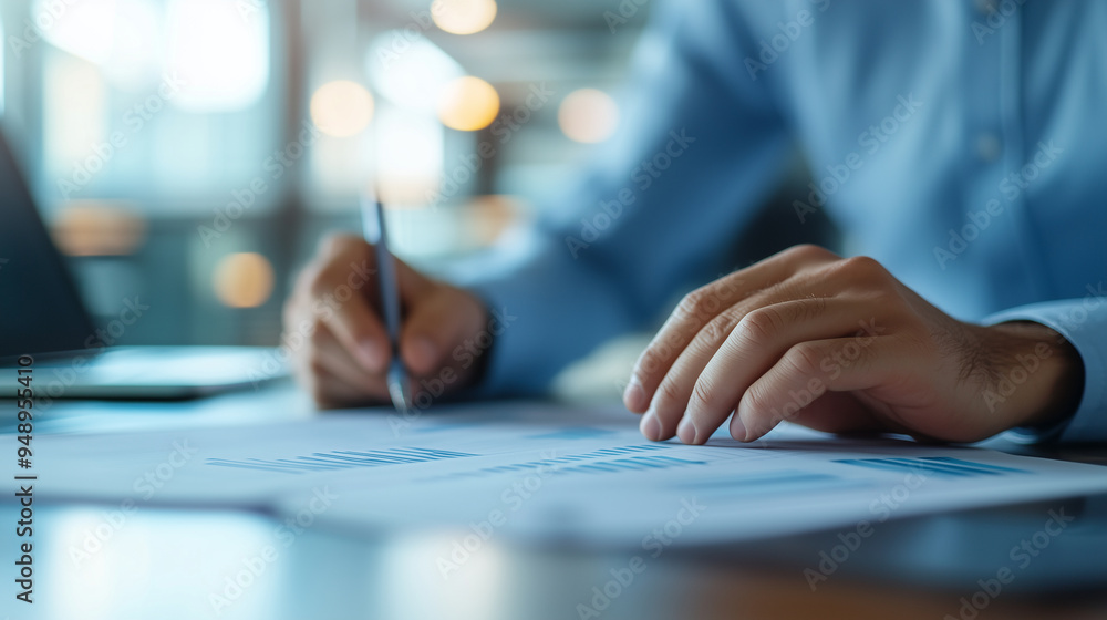 A close-up view of a professional working on financial reports in an ...