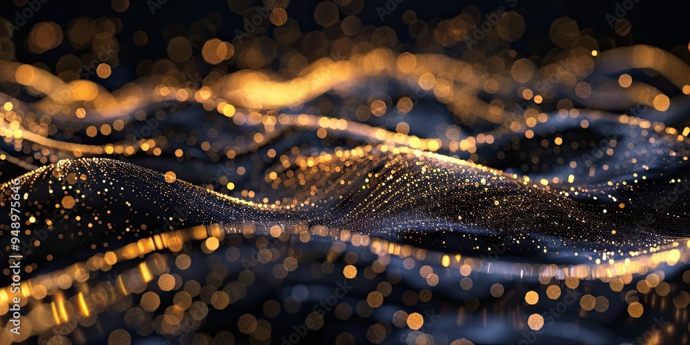 Ethereal golden waves adorned with twinkling particles form a stunning ...