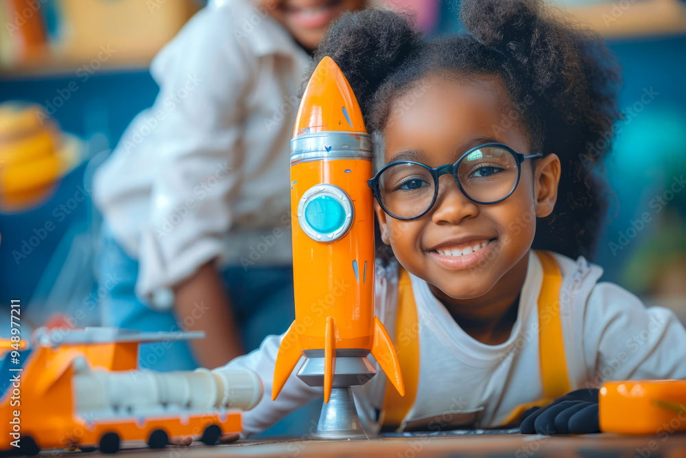 A young girl in elementary school is enthusiastically building a scale ...