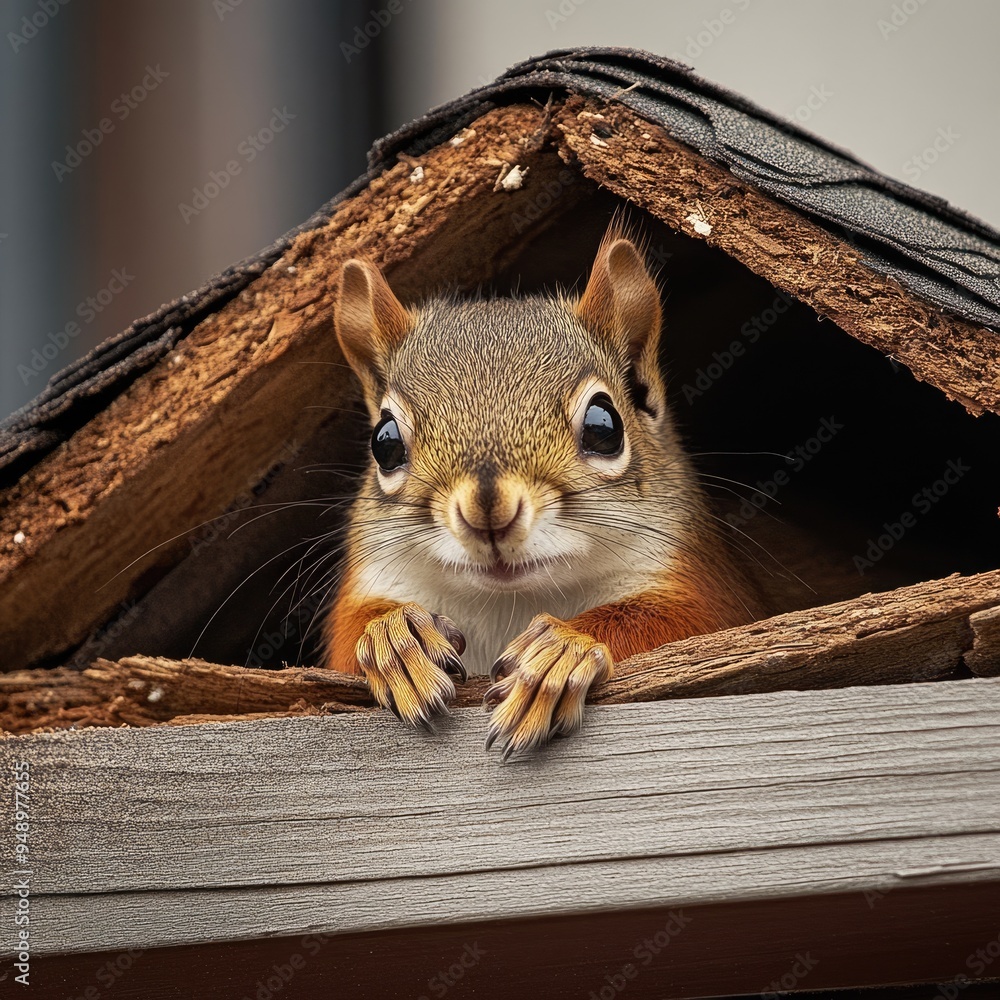 Squirrel Damage: Pesky Red Squirrel Nesting in Roof, Peeking Out behind ...