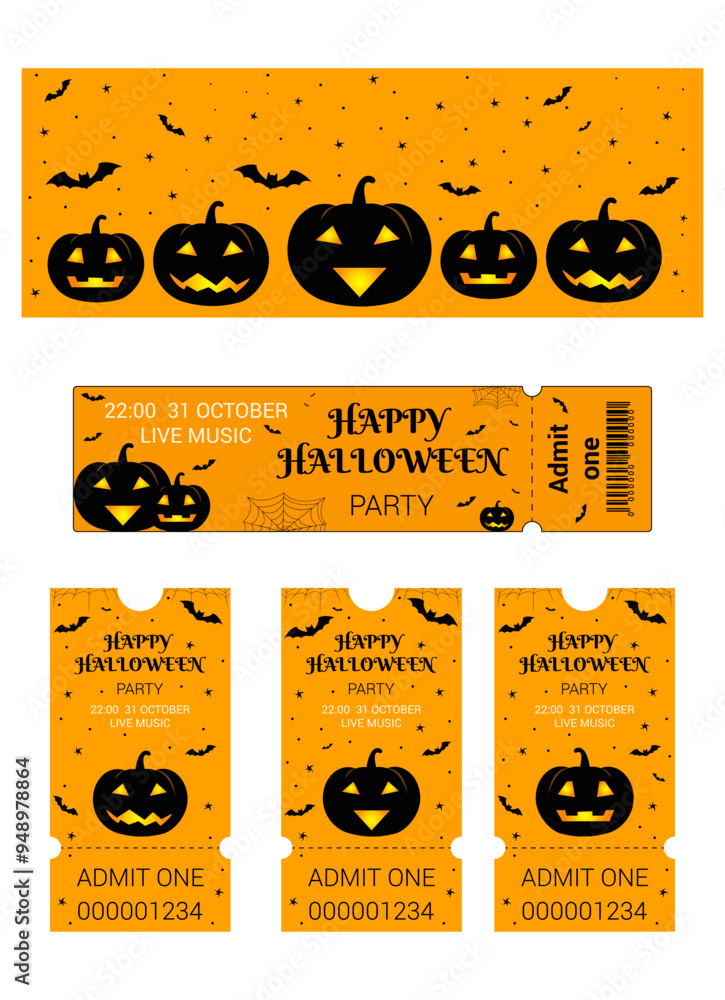 Halloween tickets. Halloween theme set. Halloween party ticket ...