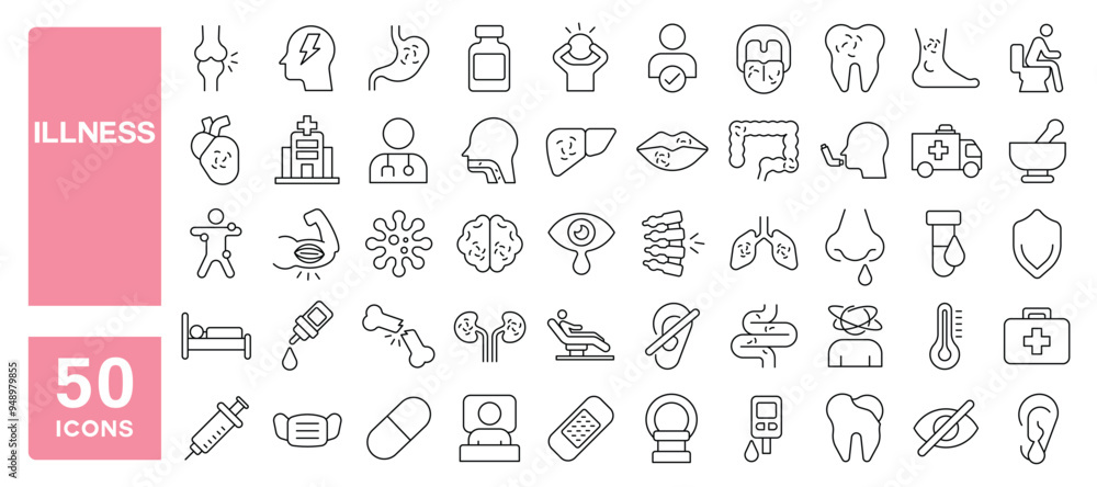 Set of 50 line icons related to illness, diseases, sickness, allergy ...