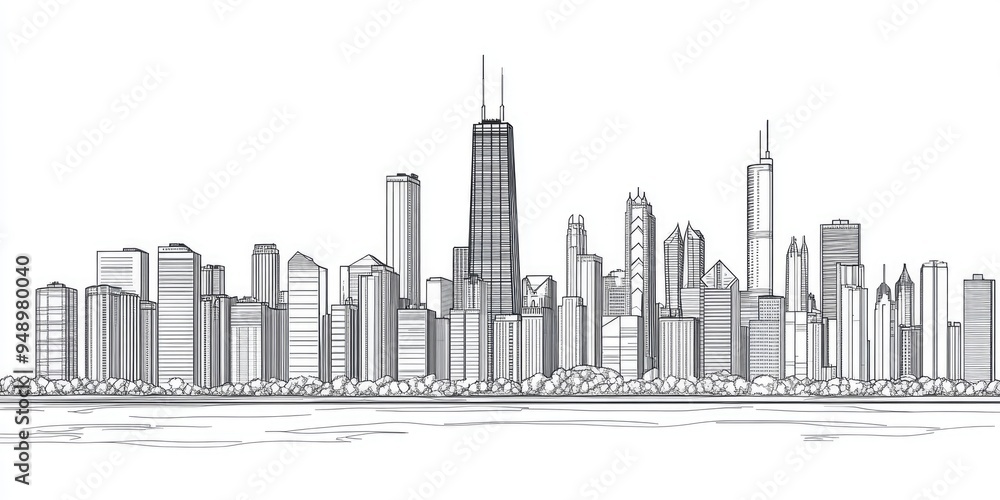 Chicago Skyline Line Art. Simplified Drawing of American Architecture ...