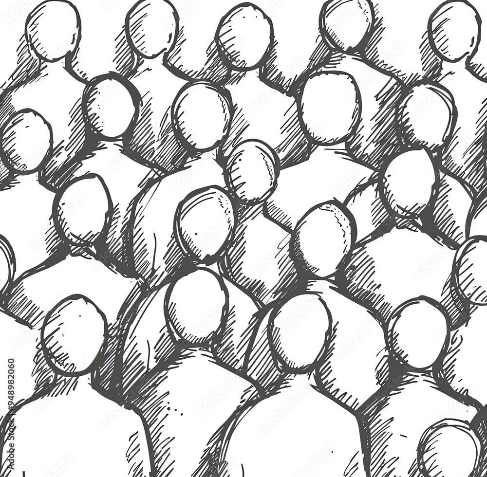 The black and white drawing shows a crowd of people and we can only see ...