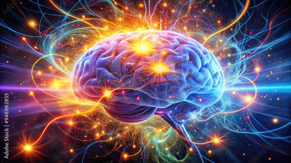 A vibrant, glowing brain illustration with swirling neural connections ...
