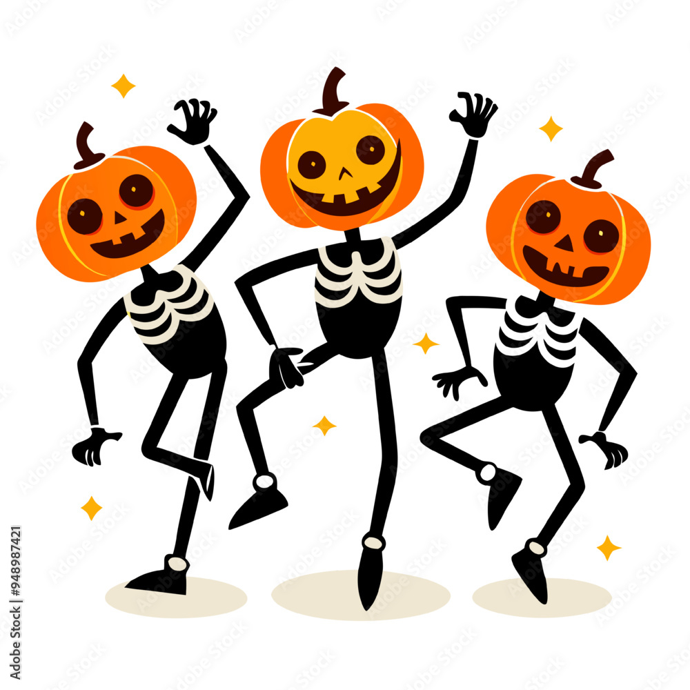 Skeleton Pumpkin Dance Party: Three skeletons dressed in pumpkin heads ...