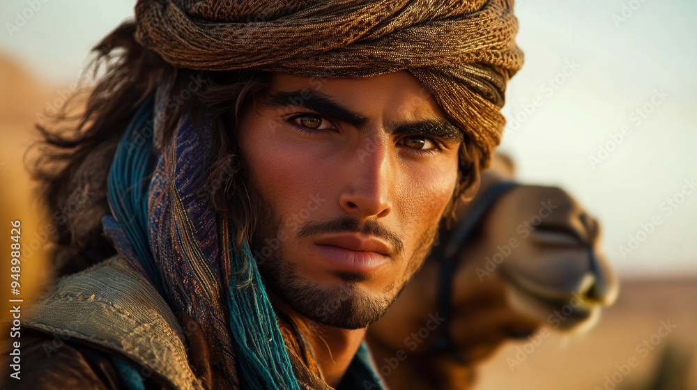 AI generated photo of an arabic nomad with turban walking trough the ...