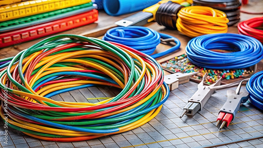 Close-up of various colored cables and wires surrounded by conduit ...