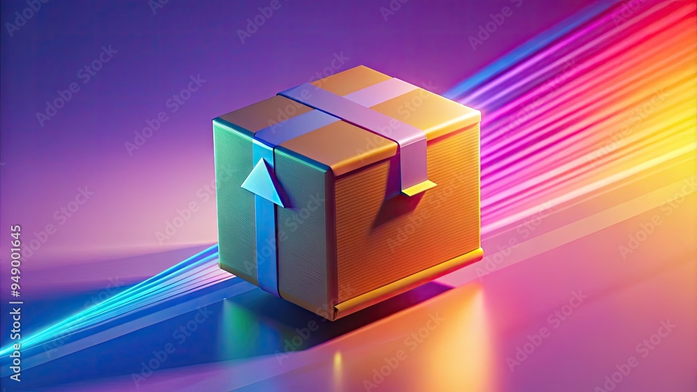 Colorful 3D illustration of a stylized package with an arrow above ...