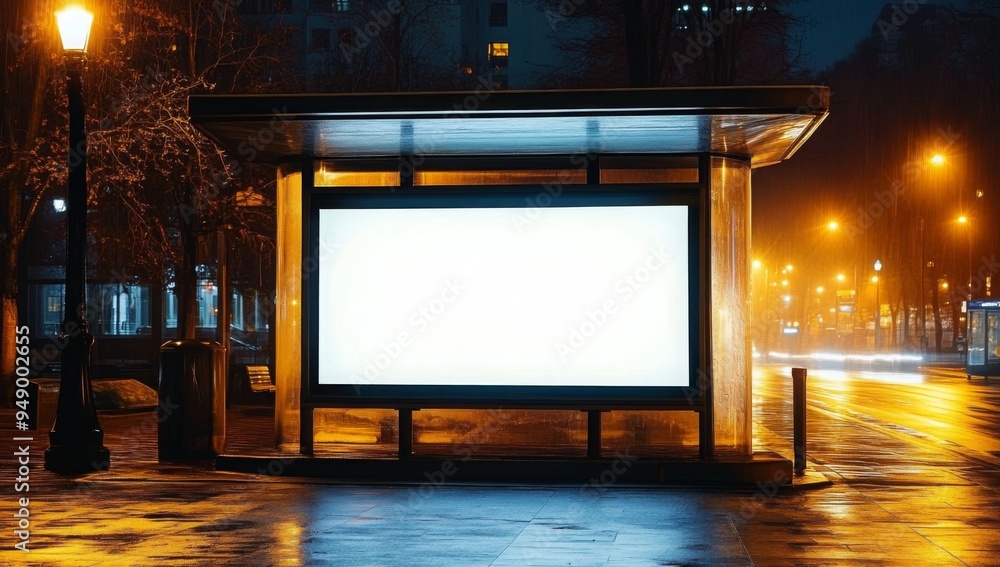 bus shelter with blank ad panel billboard display empty white lightbox ...