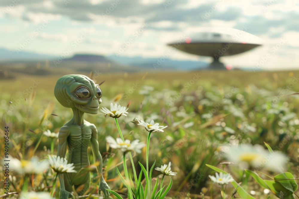 A friendly green alien sniffing a daisy in a field, with his spaceship ...