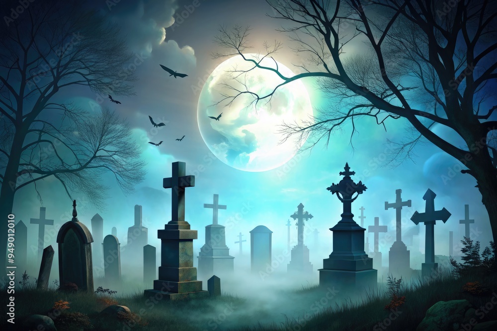 Creepy Haunted Cemetery Vector with Fading Headstones and Cursed ...