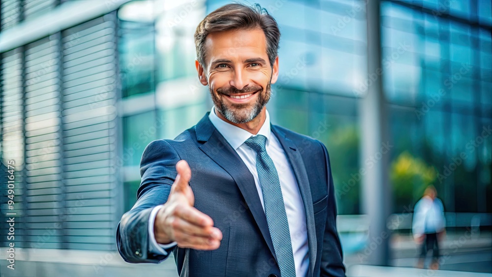 A confident businessman extends his arm, palm facing upwards, with ...