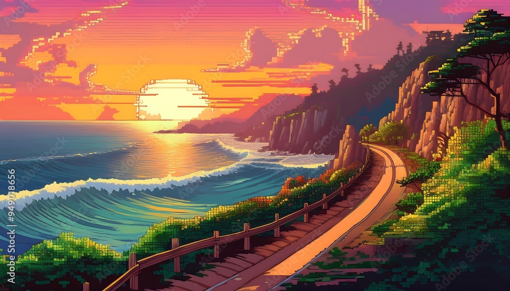Pixelated Coastal Road at Sunset - pixel art scene with a two-lane road ...