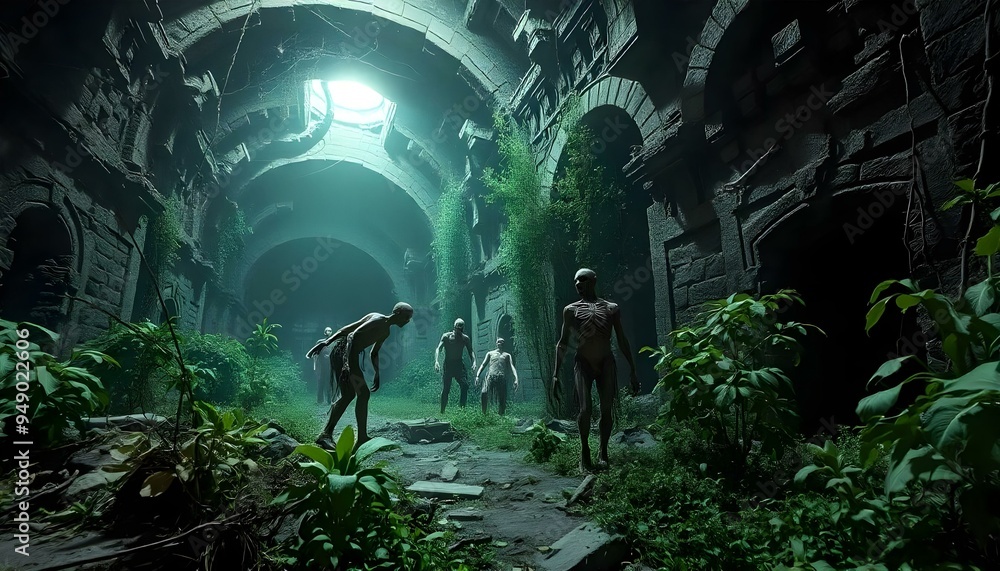 Zombies lurking in an abandoned mine tunnel, eerie green light ...