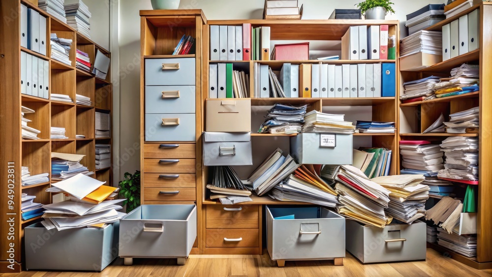 Disorganized files and documents overflow from a cluttered cabinet with ...