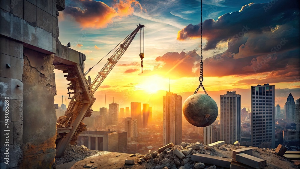 Crane and wrecking ball tear down crumbling concrete barrier, revealing ...