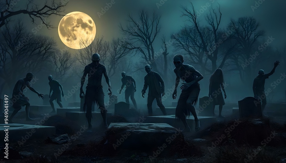 Zombies rising from graves in a foggy, eerie cemetery, with twisted ...