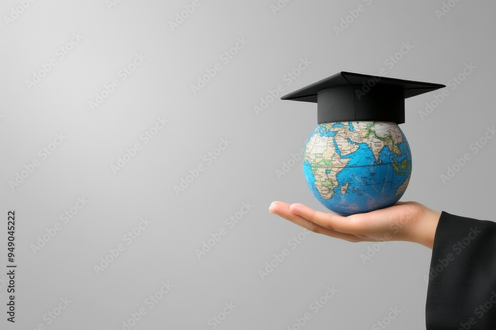 Graduation cap with Earth globe. Business study abroad. Foreign ...