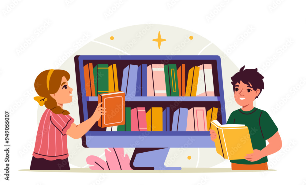 Online library concept. Boy and girl with books near computer monitor ...