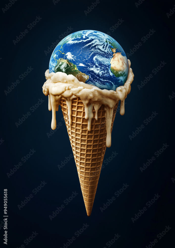 The poster shows an ice cream cone with the Earth melting on top ...