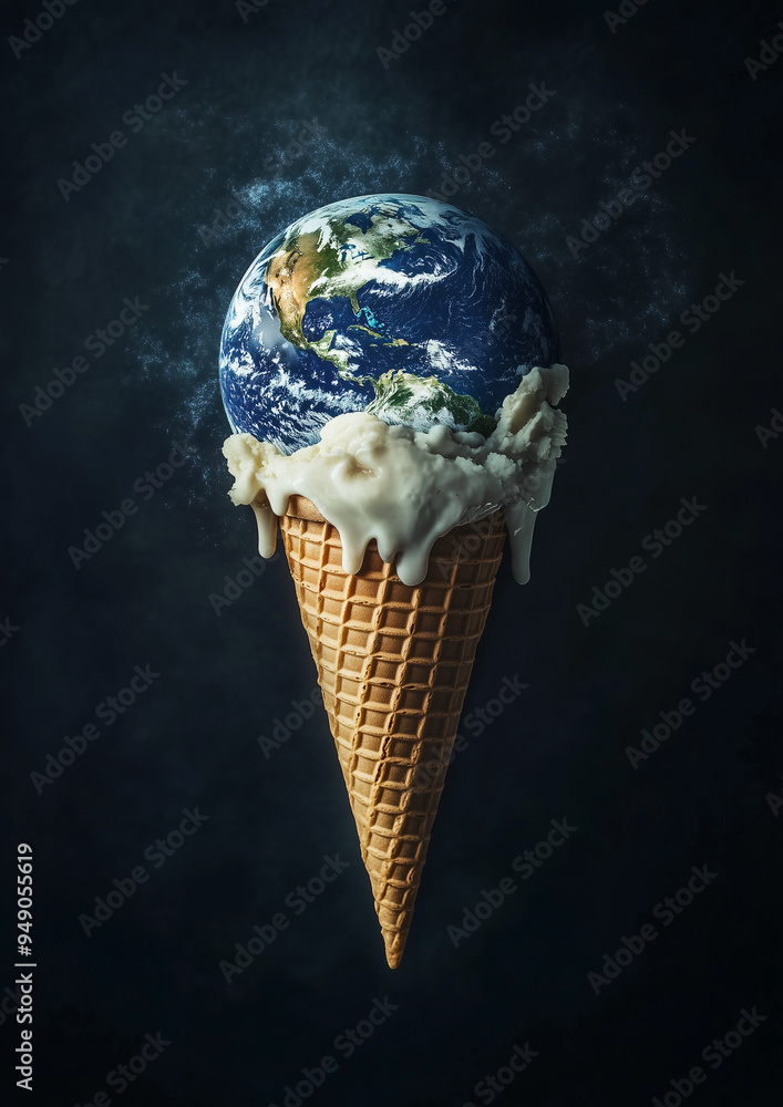 The poster shows an ice cream cone with the Earth melting on top ...